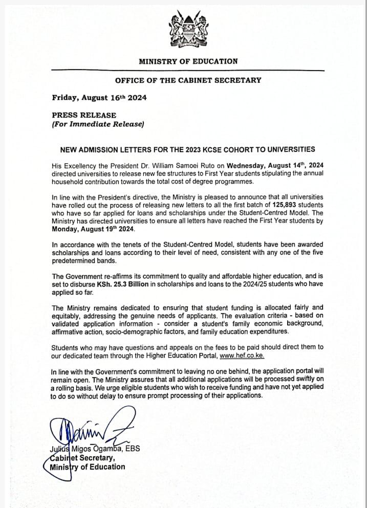 New Admission Letters Memo for the 2023 KCSE Cohort - Chuka Univeristy